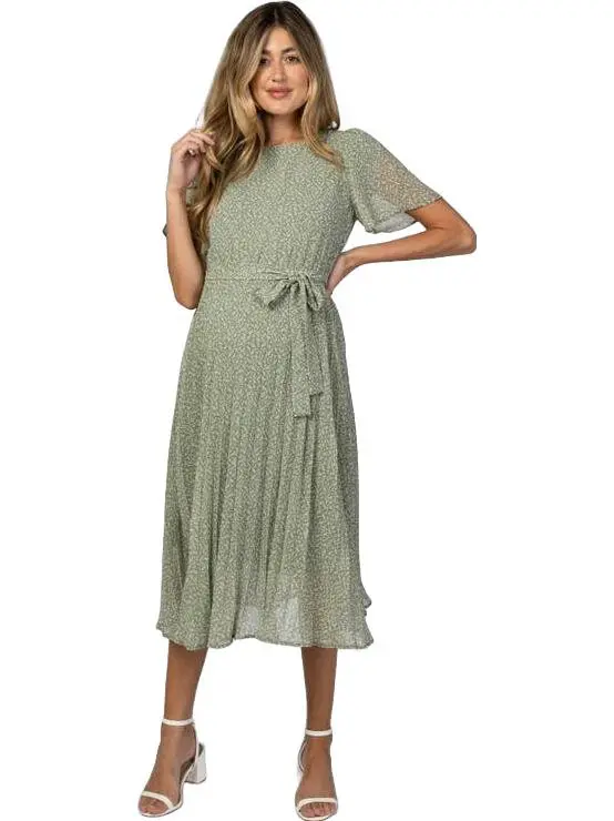 PINKBLUSH Leaf Print Pleated Midi Dress - Light Olive