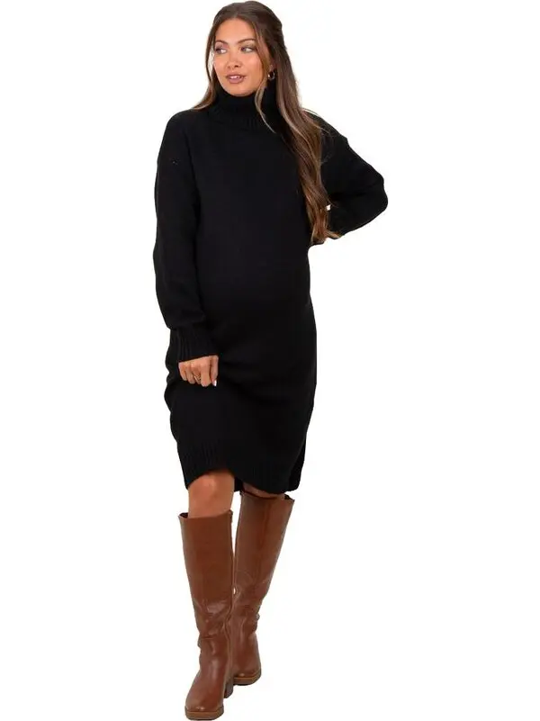 PINKBLUSH Turtleneck Side Slit Midi Sweater Dress - Black