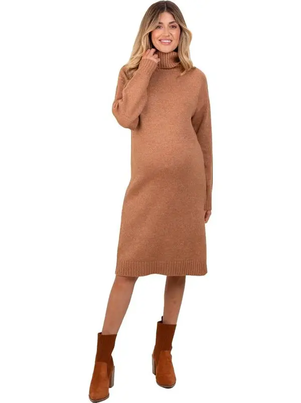 PINKBLUSH Turtleneck Side Slit Midi Sweater Dress - Camel