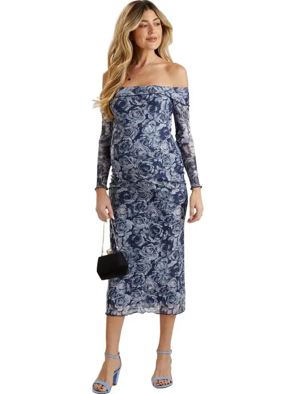 PINKBLUSH Floral Off Shoulder Mesh Knit Midi Dress - Navy Blue