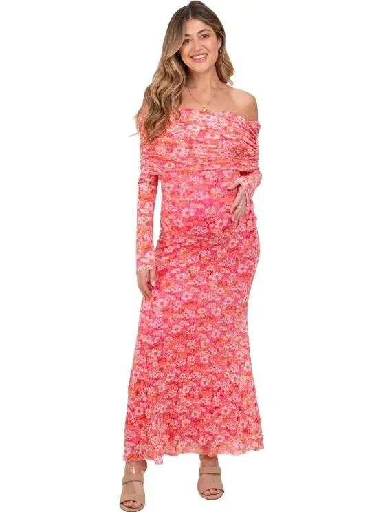 PINKBLUSH Floral Mesh Off Shoulder Long Sleeve Maxi Dress - Fuschia