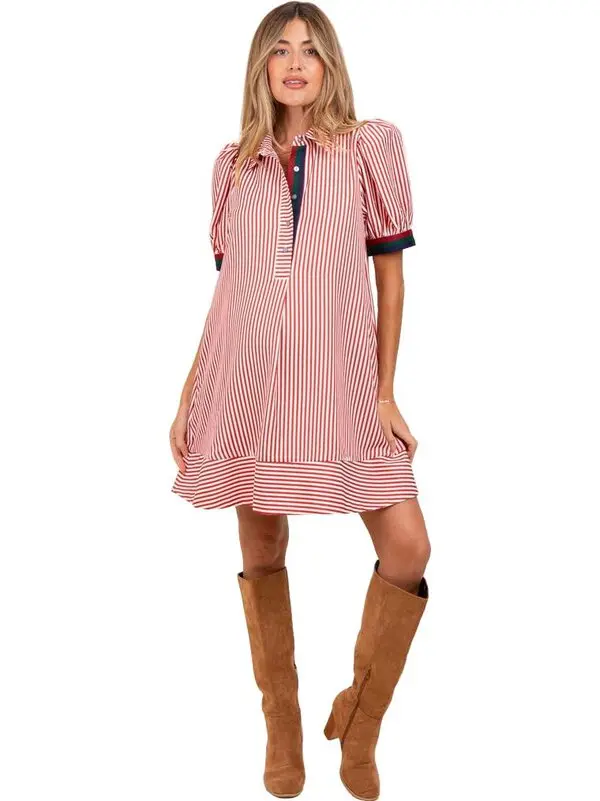 PINKBLUSH Striped Puff Sleeve Mini Shirt Dress - Rust