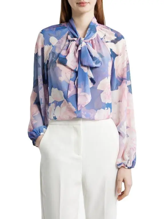 TAHARI ASL Floral Print Tie Neck Blouse - Blue Petal Floral