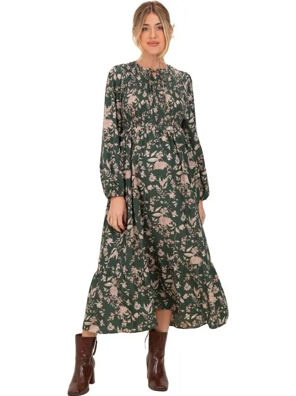 PINKBLUSH Floral Smocked Long Sleeve Midi Dress - Olive Green