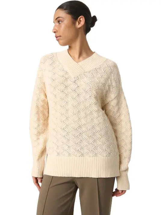 SOAKED IN LUXURY V-neck Pointelle Knit Pullover - Whitecap Gray