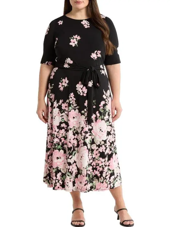 KASPER Floral Print Fit & Flare Midi Dress - Black/tutu Multi