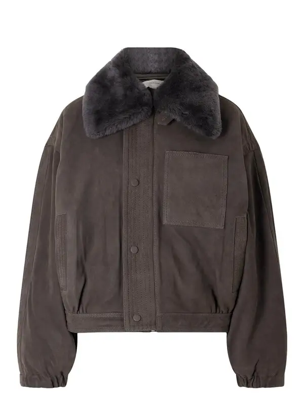Victoria Beckham Shearling-trimmed Nubuck Bomber Jacket - Gray