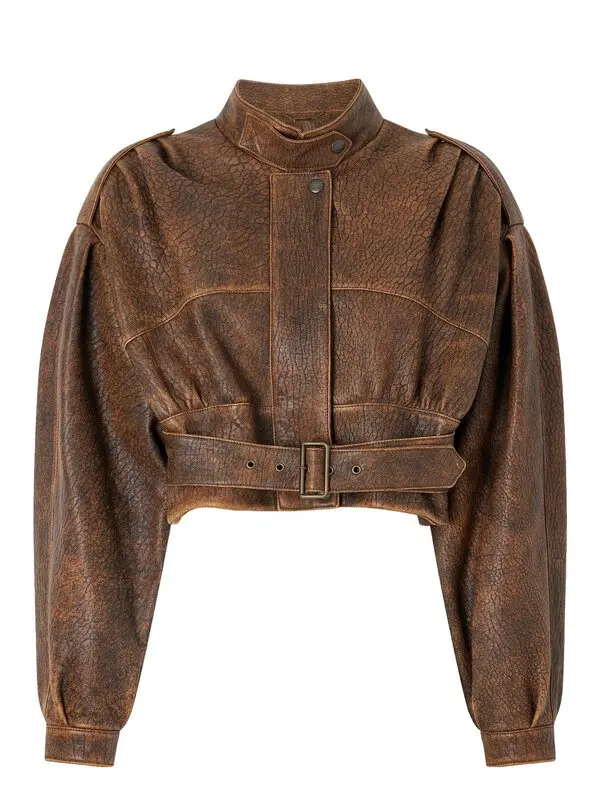 Chloé Cropped Belted Textured-leather Jacket - Brown