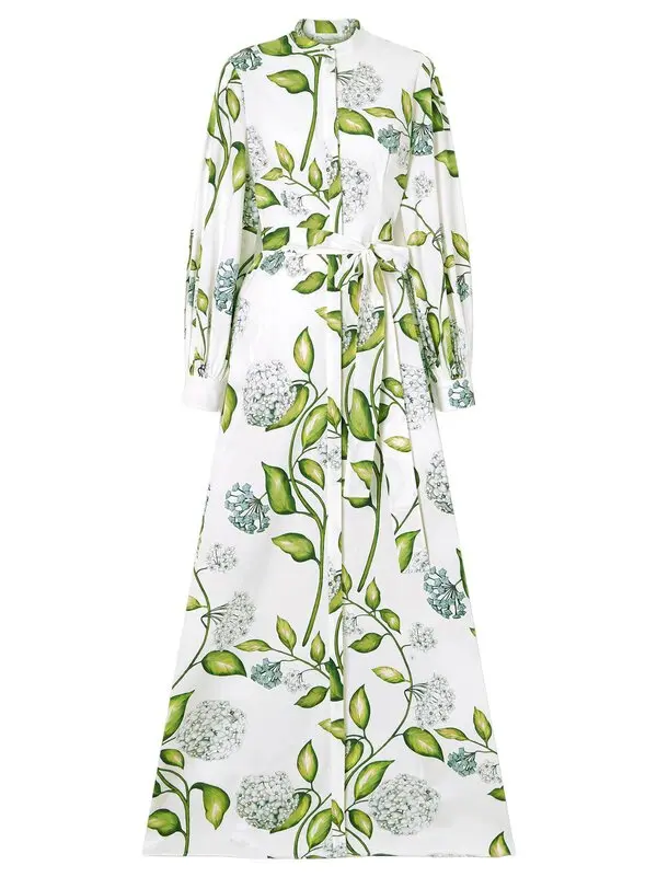 Oscar De La Renta Belted Floral-print Cotton-poplin Dress - White