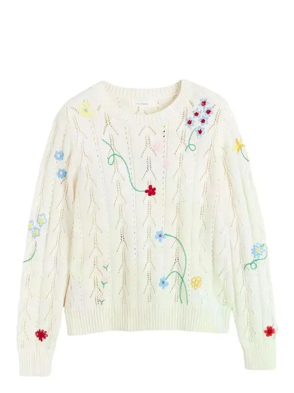 Chinti & Parker Floral-embroidered Pointelle Knit Sweater - Neutrals