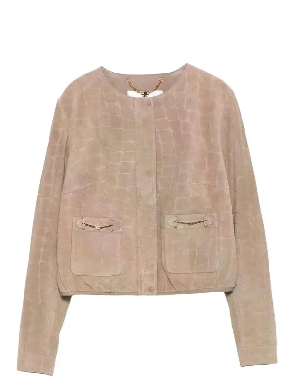 Elisabetta Franchi Cropped Suede Jacket With Alligator Print - Neutrals