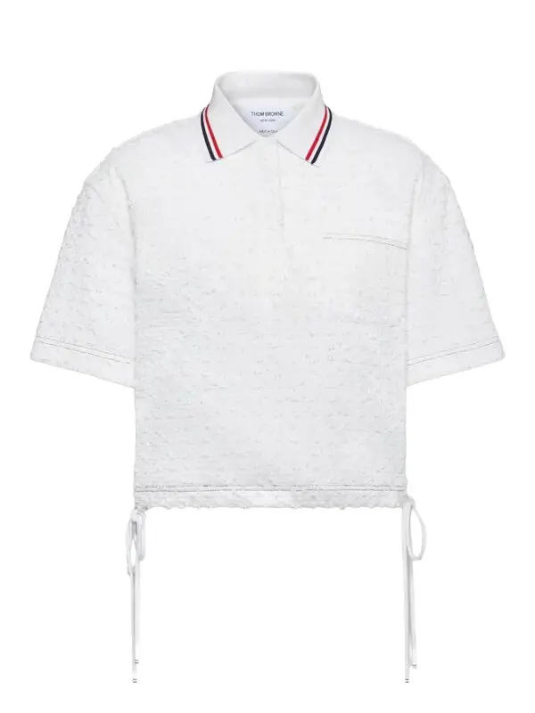 Thom Browne Ribbon Tweed Drawstring Polo Top - White