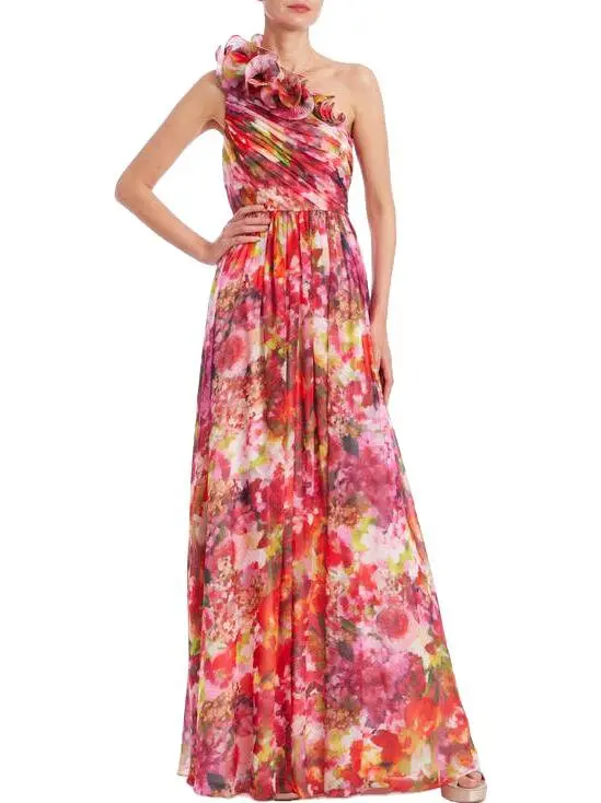 Badgley Mischka Floral One-shoulder Gown - Pink Multi