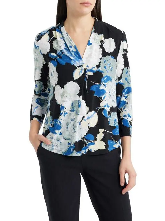 Anne Klein Printed Pleat Three-quarter Sleeve Top - Anne Black Multi