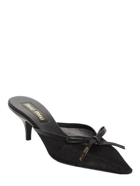 Miu Miu Bow Mesh Kitten Heel Mule - Nero