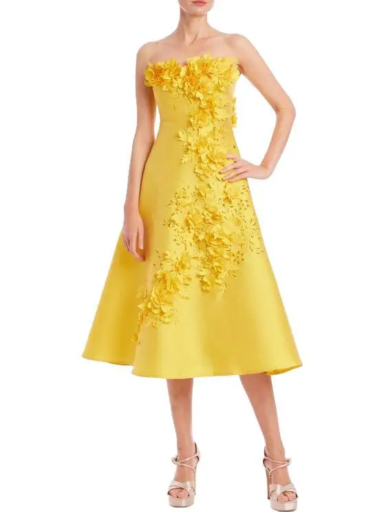Badgley Mischka Floral Appliqué Strapless Cocktail Dress - Marigold