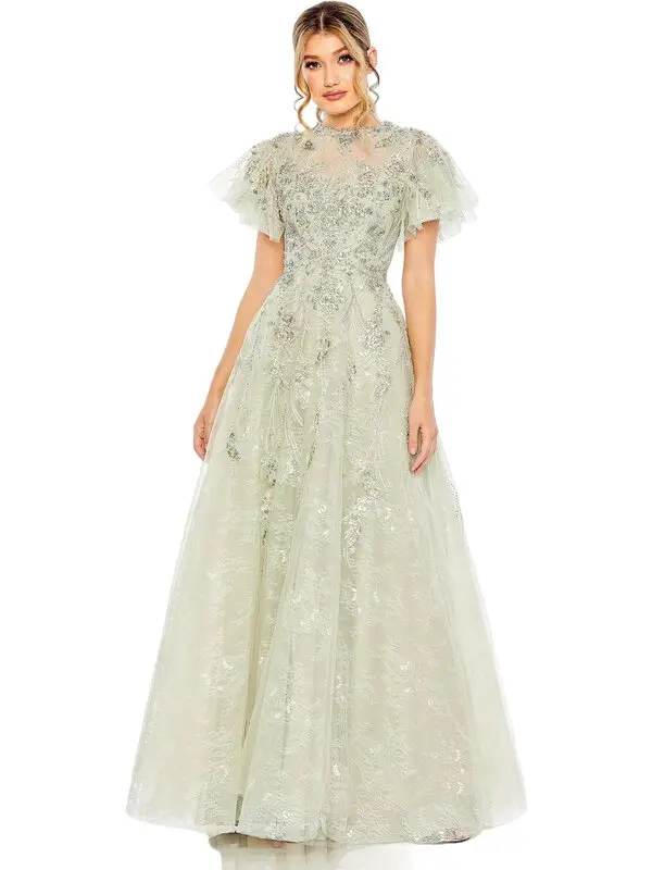 Mac Duggal Embroidered Tulle A-line Gown With Flutter Sleeves - Seafoam
