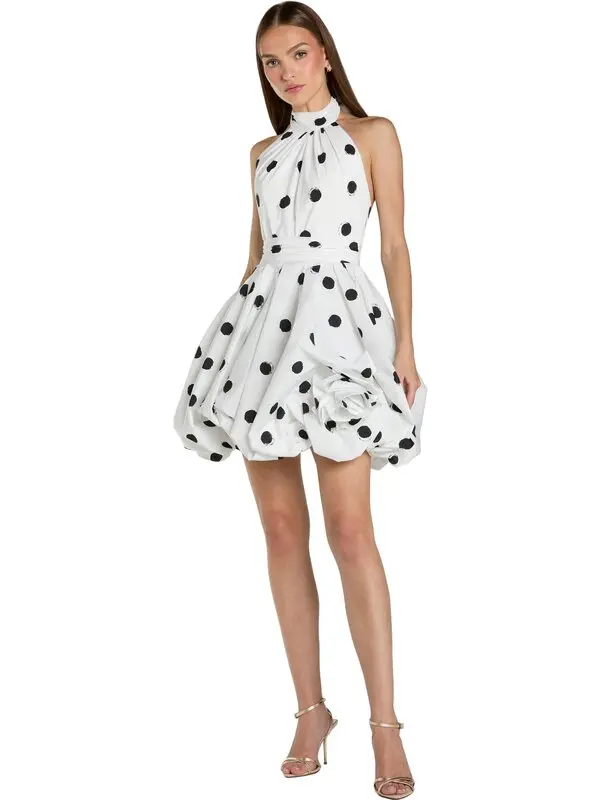 Mac Duggal Polka Dot Halter Mini Dress With 3d Rose - Black Ivory