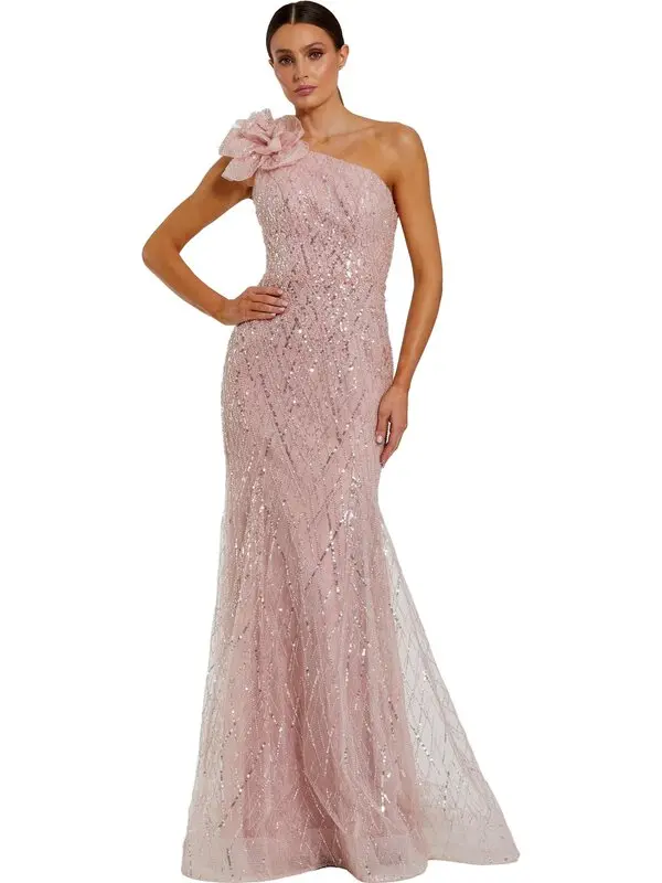 Mac Duggal Beaded One-shoulder Mermaid Gown With Floral Appliqu - Rose