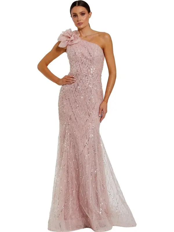 Mac Duggal Beaded One-shoulder Mermaid Gown With Floral Appliqu - Rose