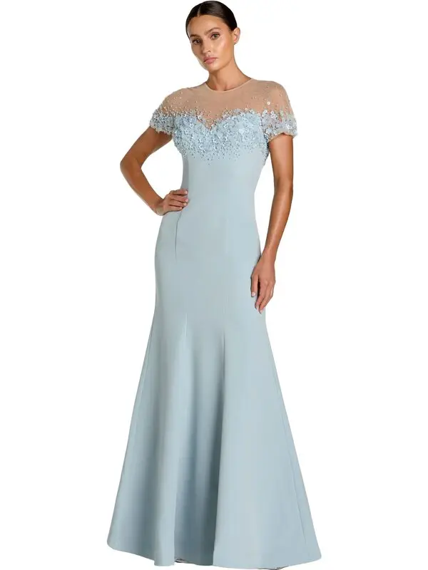 Mac Duggal Crepe Mermaid Gown With Beaded Illusion Neck - Blue