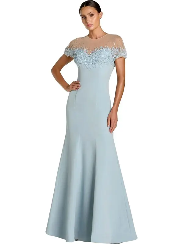 Mac Duggal Crepe Mermaid Gown With Beaded Illusion Neck - Blue
