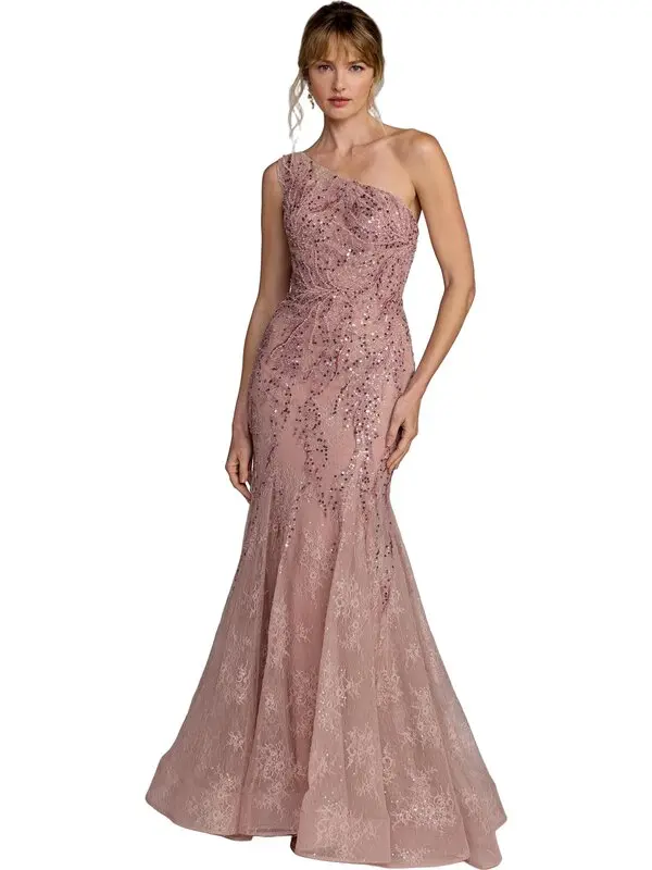 Mac Duggal Embellished Lace One-shoulder Mermaid Gown - Rose