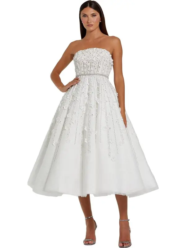 Mac Duggal Embellished Lace Strapless A-line Midi Dress - White