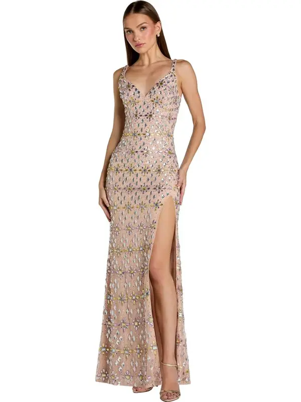 Mac Duggal Embellished V-neck Column Gown With Slit - Light Rose