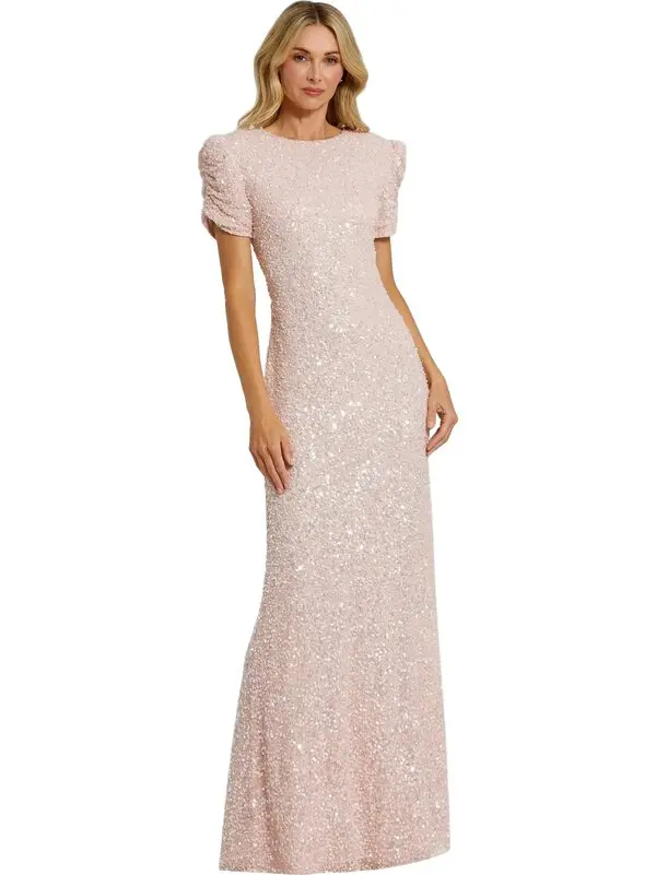 Mac Duggal Petite Gathered Short Sleeve Embellished Gown - Pink