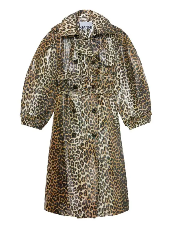 GANNI Belted Leopard Print Coat - Brown