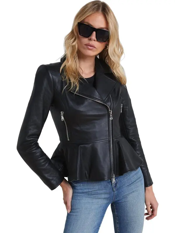 L'Agence Lyric Leather Peplum Biker Jacket - Black