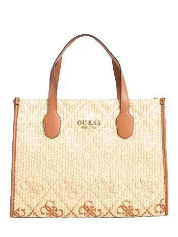 Guess Tote Handbag In Raffia With Embroidered Logo - Beige