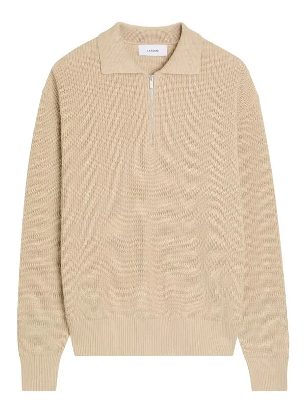 LARDINI Ribbed Knit Cotton Zip-neck Polo Shirt - Beige