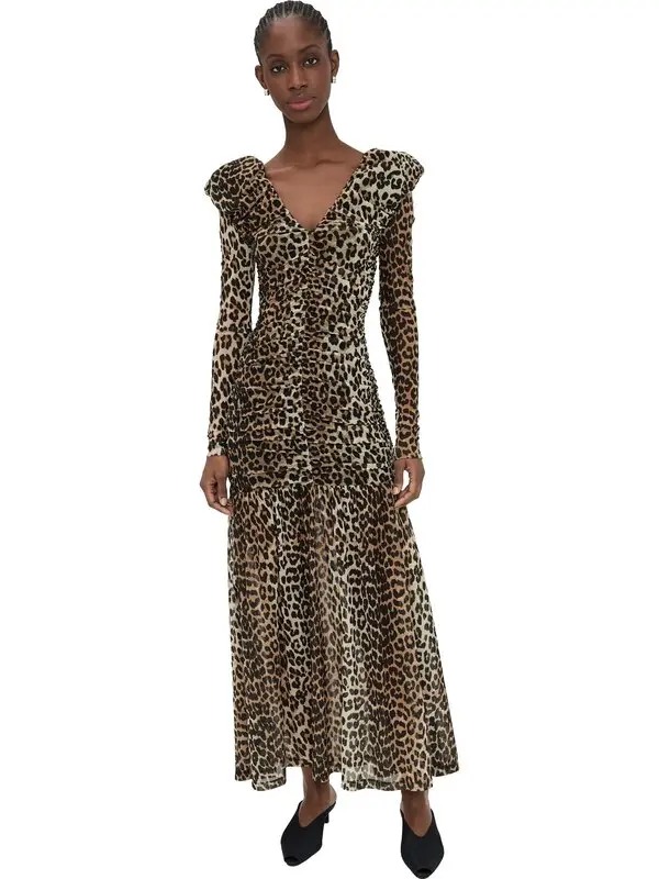 GANNI Printed Mesh Long Ruched Dress - Big Leopard Almond Milk