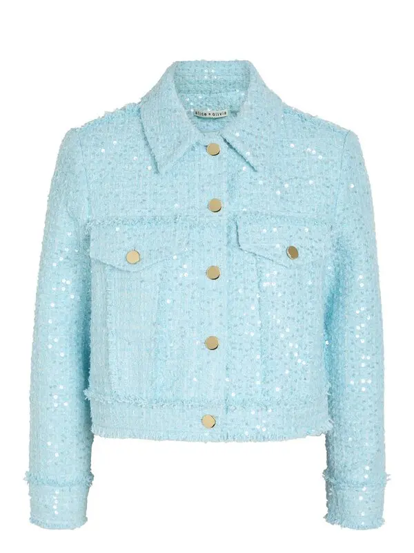Alice + Olivia Chloe Embellished Cropped Tweed Jacket - Light Blue