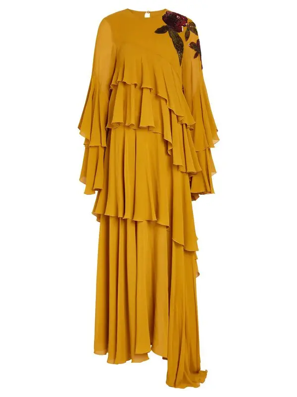La DoubleJ Naiad Ruffled Embellished Maxi Dress - Yellow