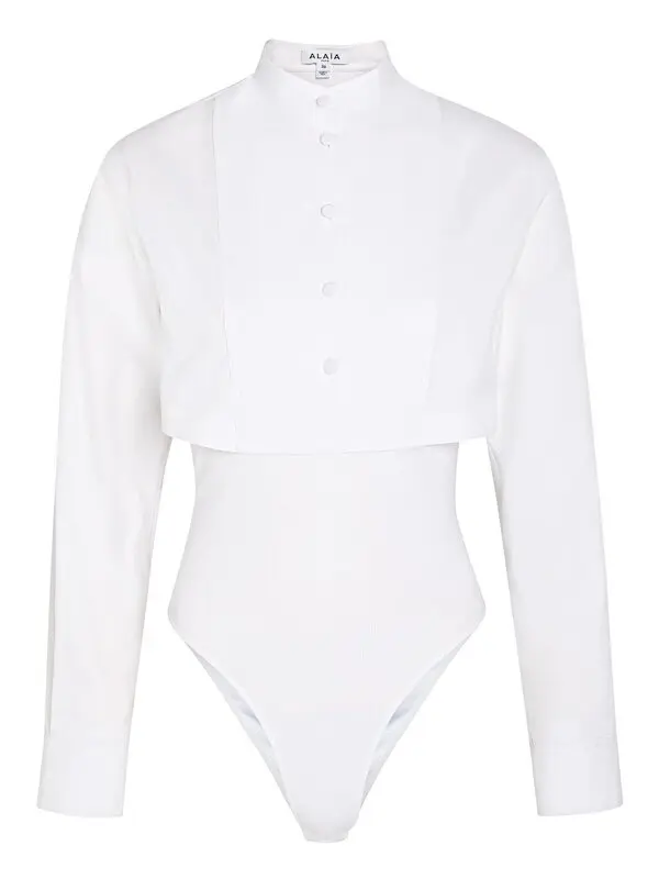 Alaïa Cropped Cotton Shirt Bodysuit - White