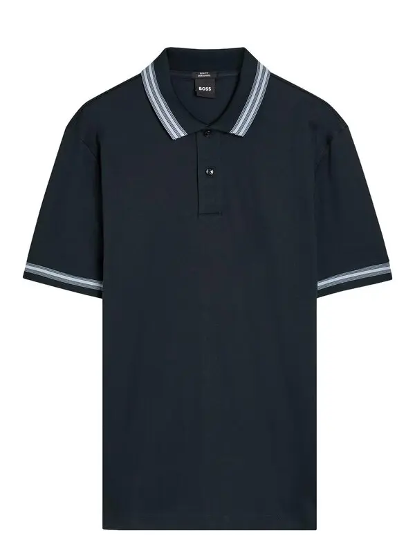 BOSS Striped Trims Cotton Polo Shirt - Navy