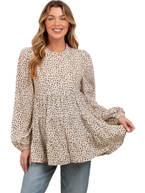 PINKBLUSH Animal Print Mock Neck Tiered Top - Ivory
