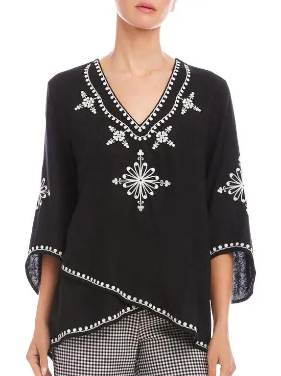 Karen Kane Embroidered Asymmetric Hem Linen Blend Top - Black