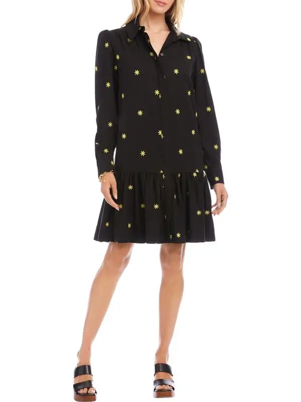 Karen Kane Embroidered Ruffle Hem Shirt Dress - Black