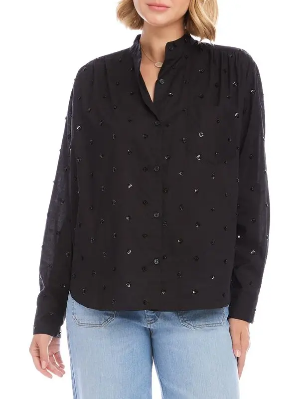 Karen Kane Floral Embellished Cotton Button-up Shirt - Black