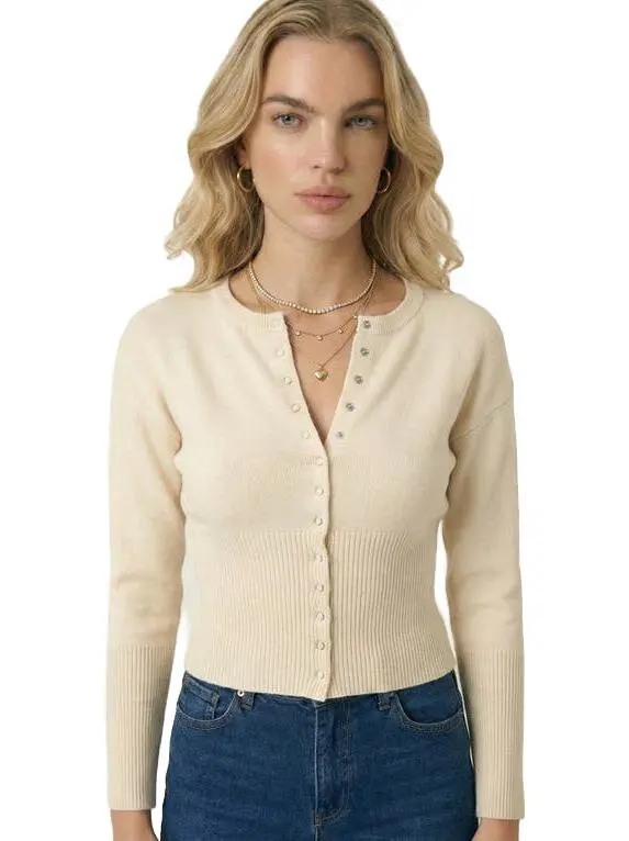 MODENAIRE Fitted Pearlized Button Ribbed Cardigan - Ivory