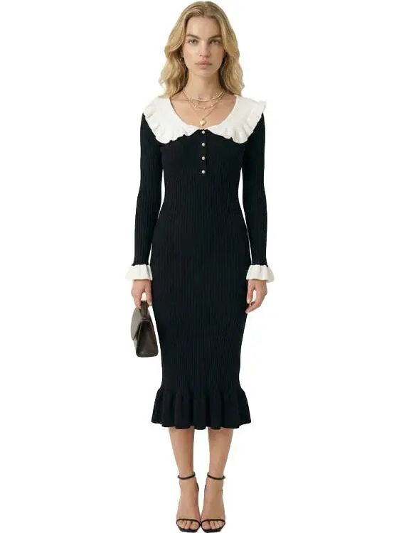 MODENAIRE Ribbed Knit Ruffled Collar Midi Dress - Black