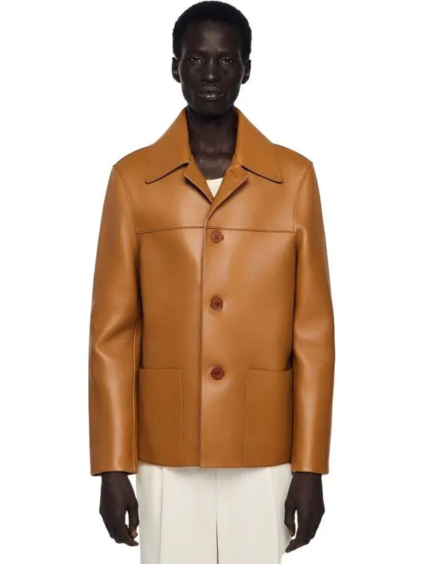Sandro Buttoned Lambskin Leather Jacket - Camel