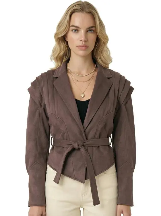 MODENAIRE Belted Pleated Shoulder Jacket - Brown
