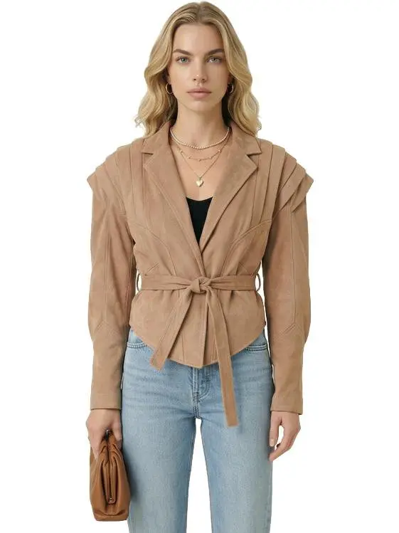 MODENAIRE Belted Pleated Shoulder Jacket - Tan