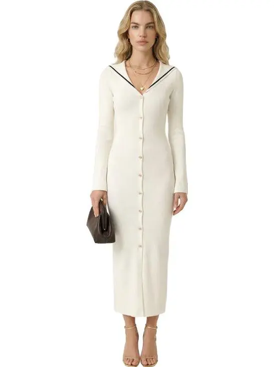 MODENAIRE Ribbed Knit V-neck Midi Dress With Contrast Trim - White/black