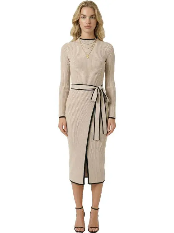 MODENAIRE Ribbed Knit Tie Waist Midi Dress - Beige